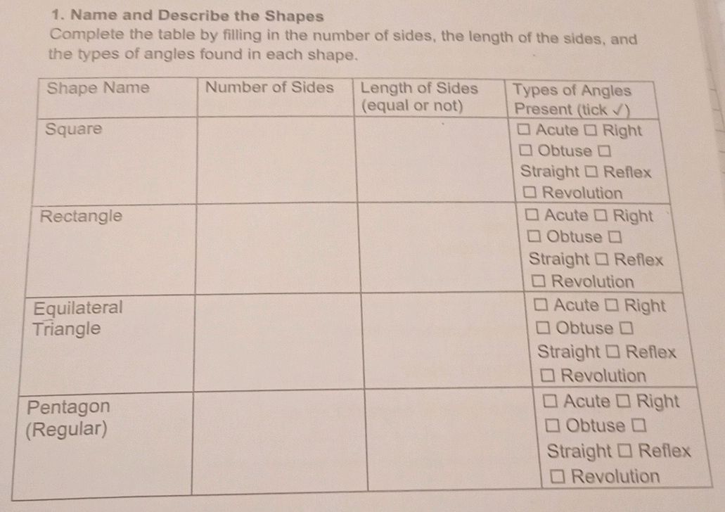 1. Name and Describe the Shapes Complete the | StudyX