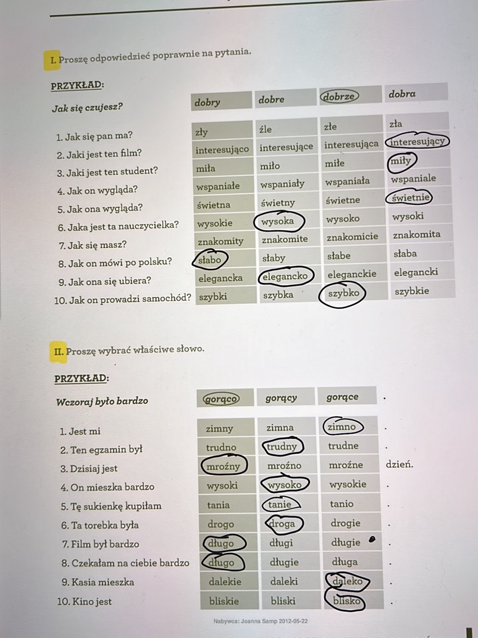 I. Proszę odpowiedzieć poprawnie na pytania.