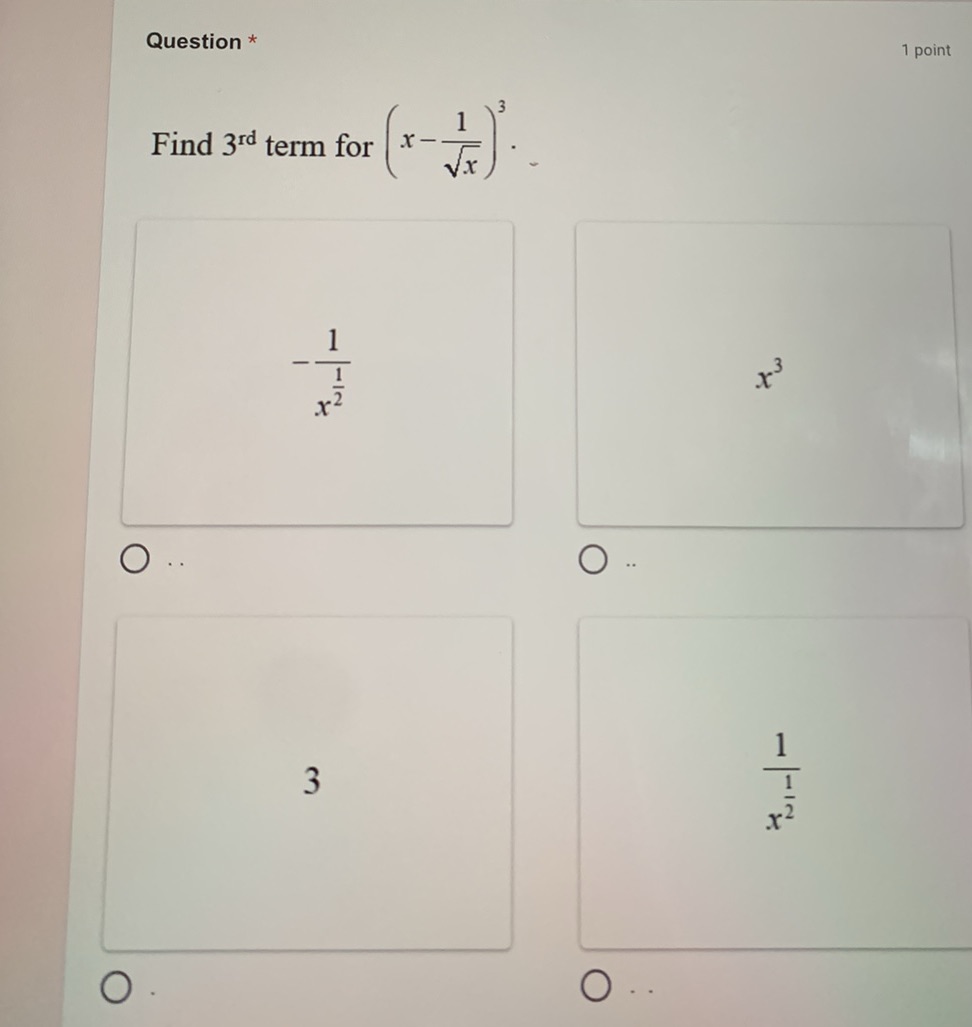 Find 3rd term for $ (x - {1}{ {x}} )^3$.