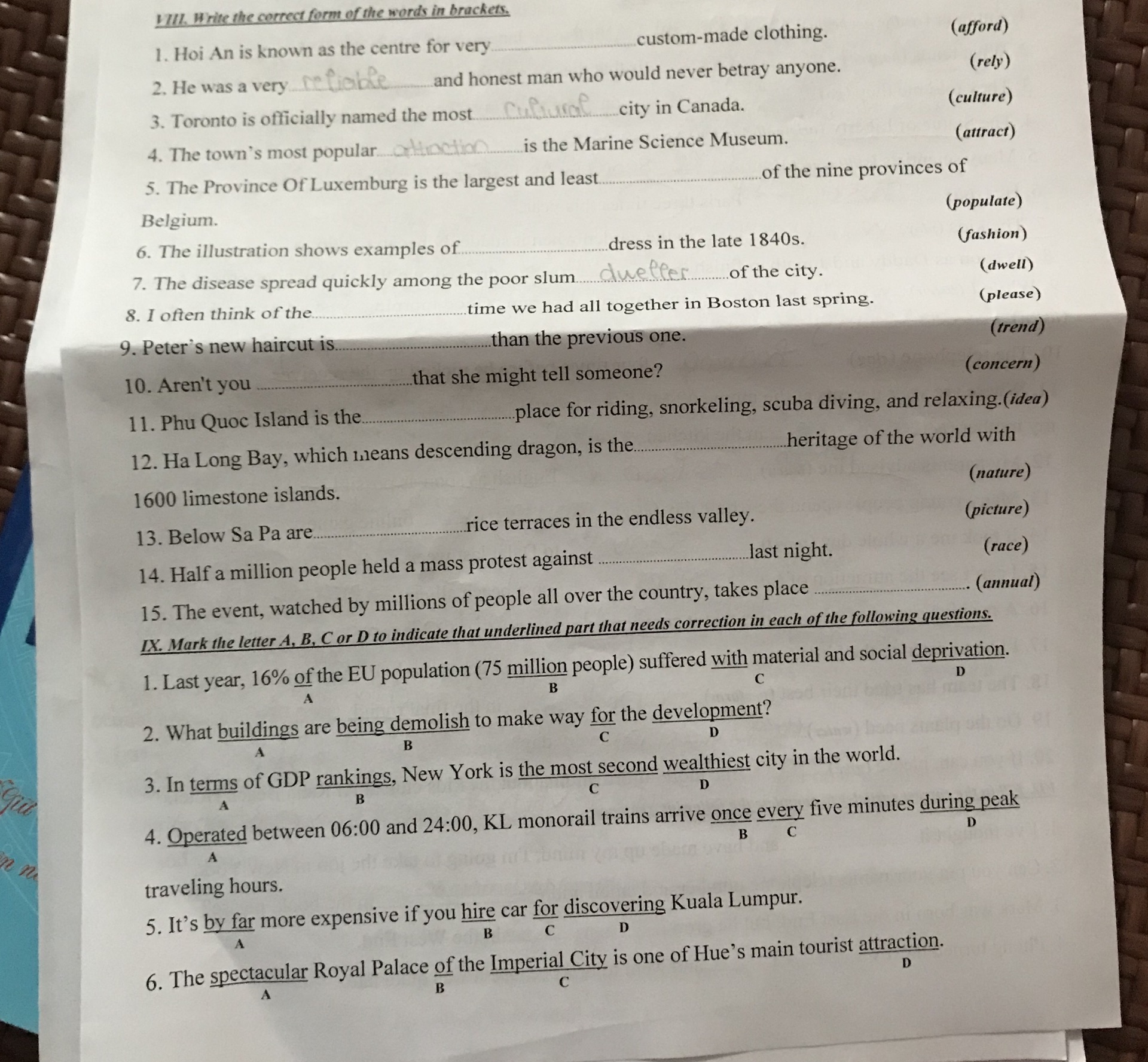 VIII. Write the correct form of the words in
