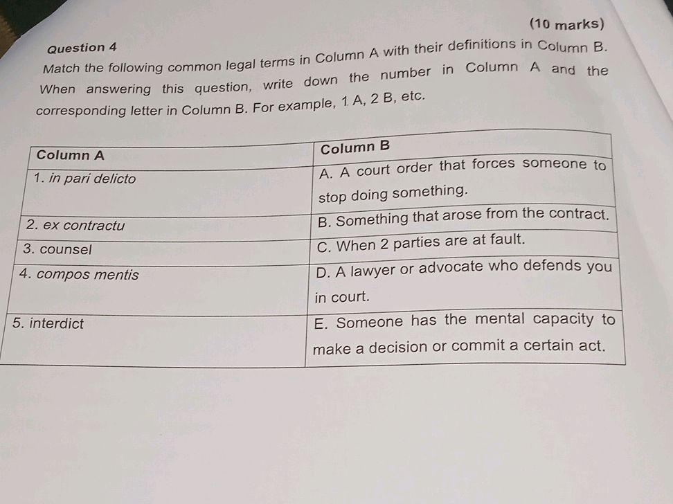(10 marks) Match the following common legal | StudyX