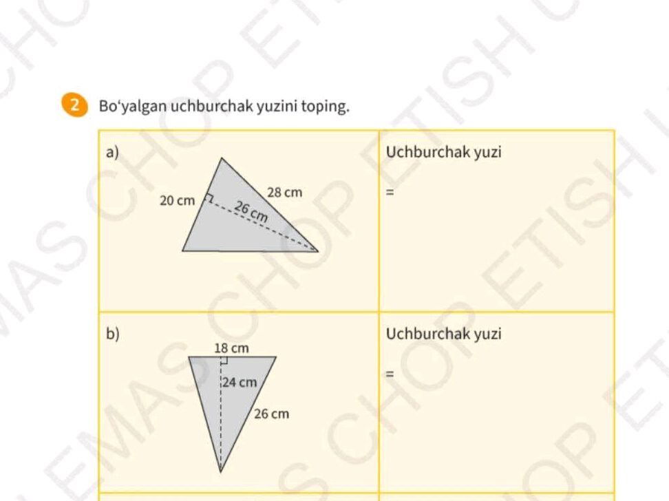 2 Bo'yalgan uchburchak yuzini toping. a) 20