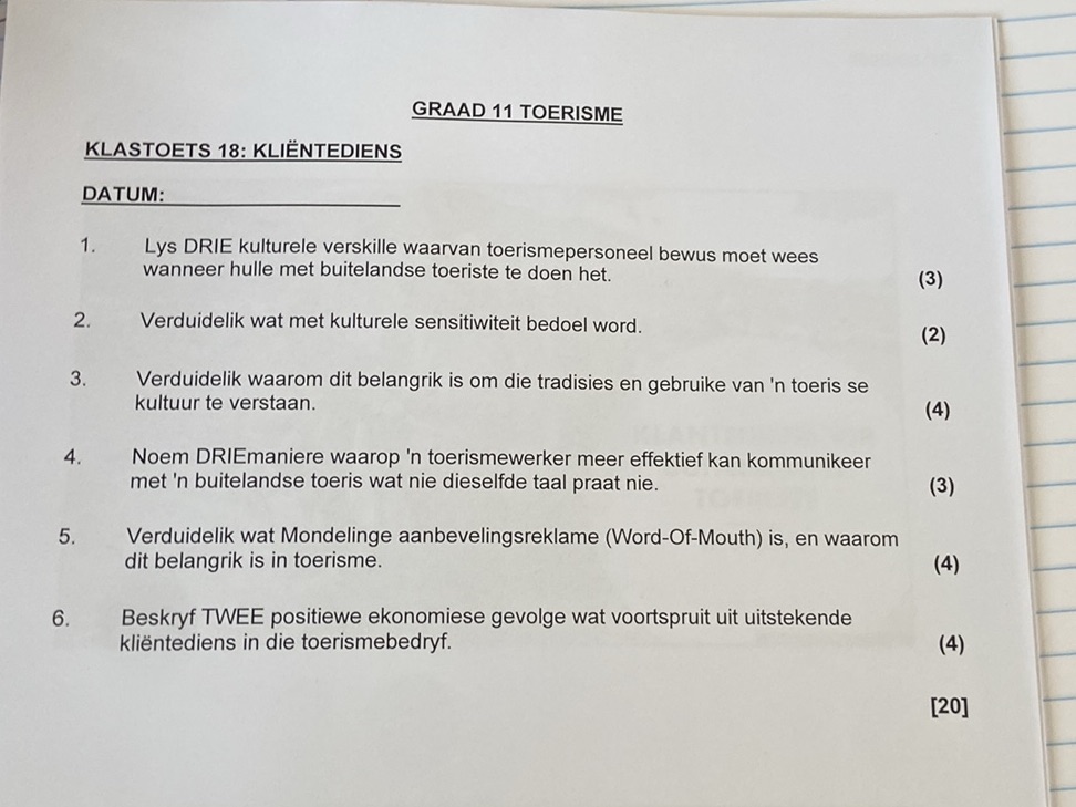 GRAAD 11 TOERISME KLASTOETS 18: KLIËNTEDIENS | StudyX