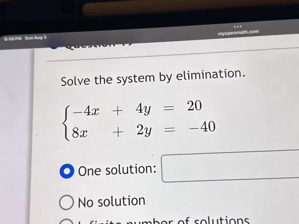 Solve the system by elimination. $\ -4x + 4y