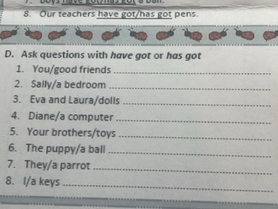 D. Ask questions with have got or has got 1.