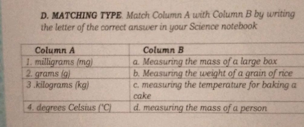 D. MATCHING TYPE. Match Column A with Column | StudyX