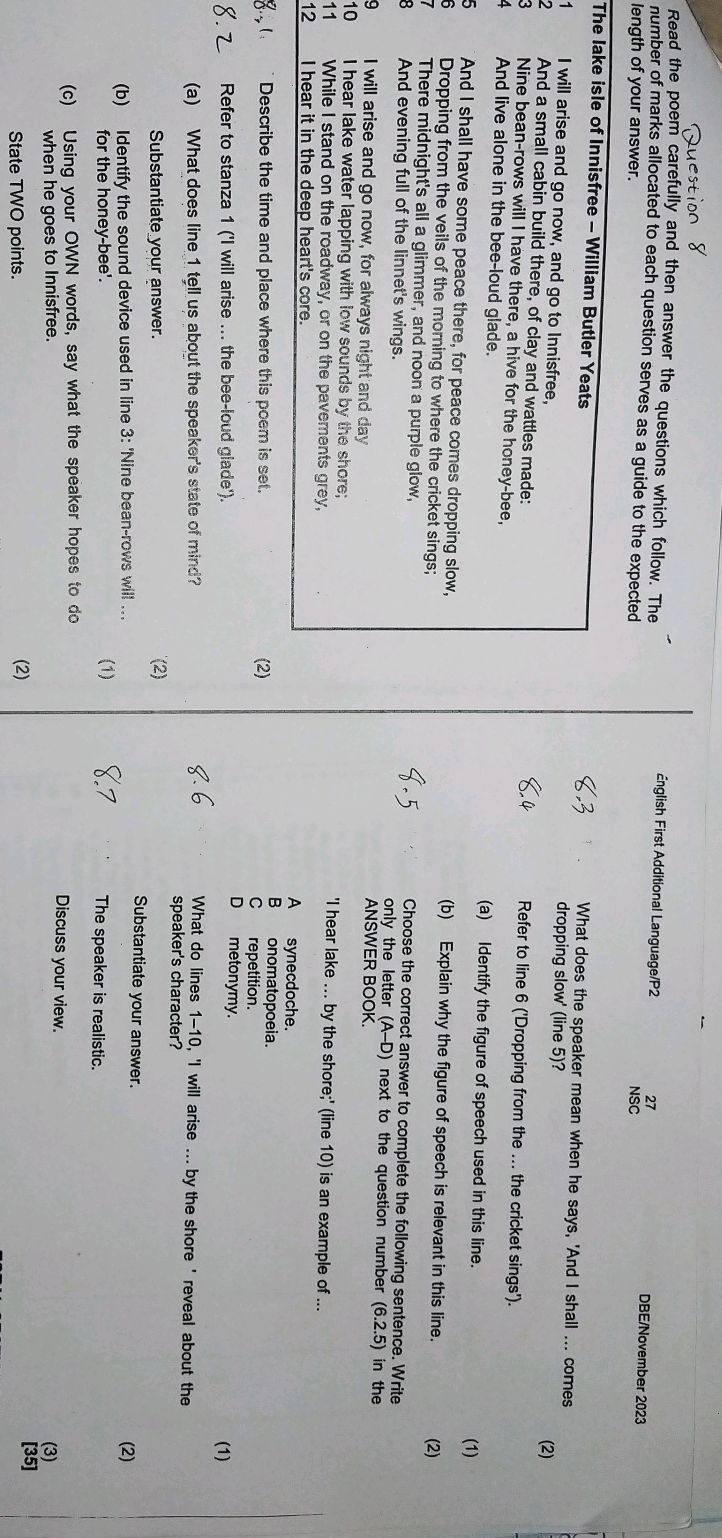 Question 8 Read the poem carefully and then | StudyX