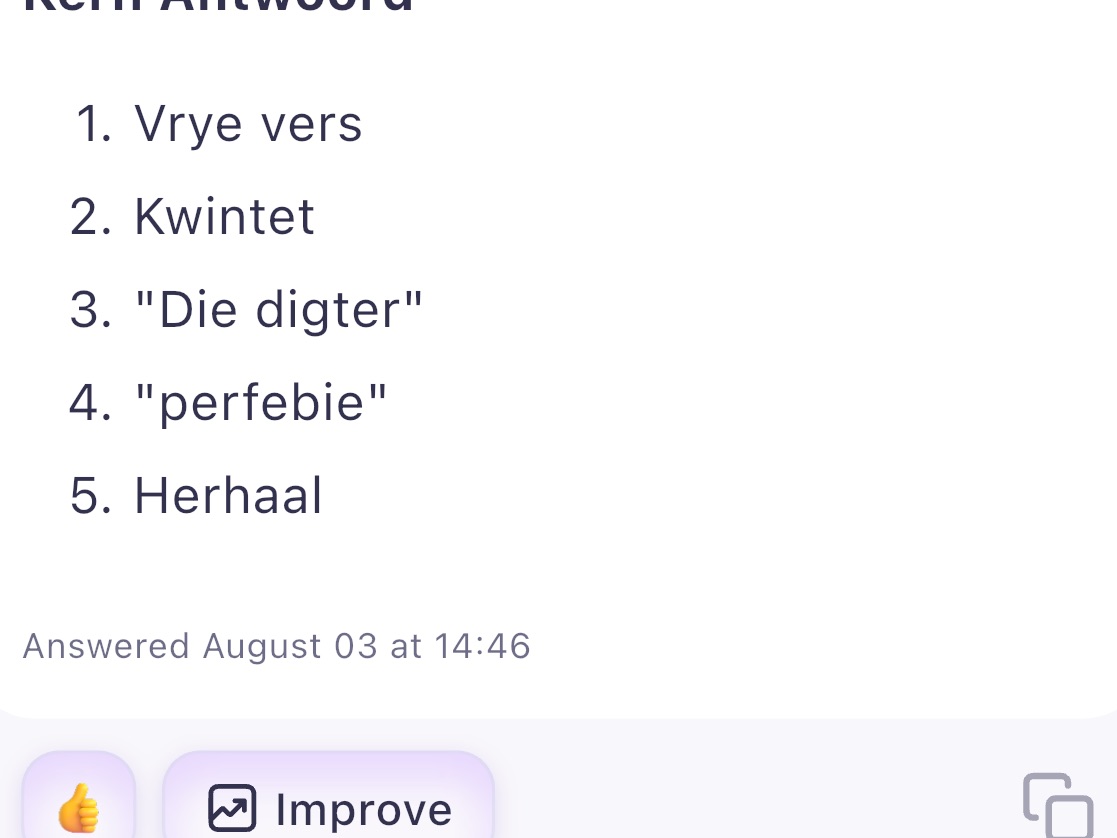 Vrye vers 2. Kwintet 3. "Die digter" 4.