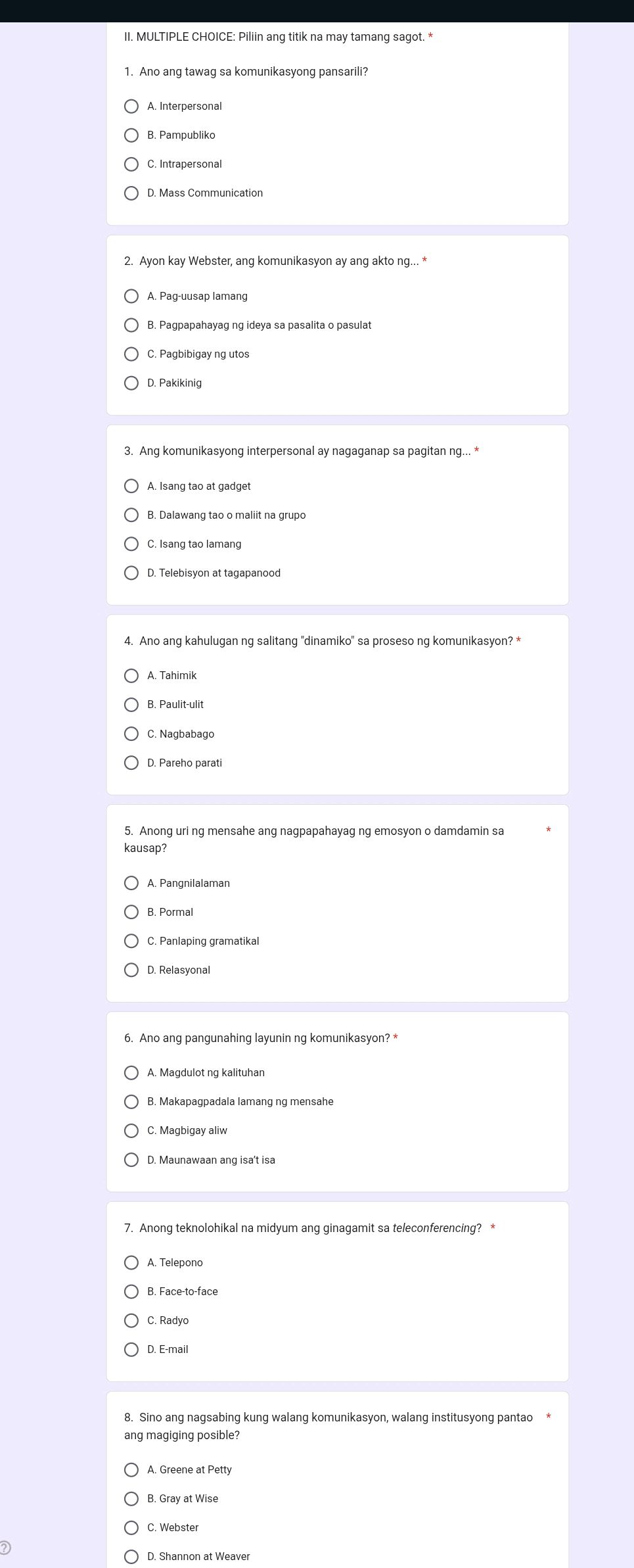 II. MULTIPLE CHOICE: Piliin ang titik na may | StudyX
