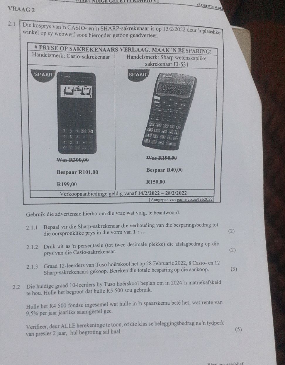 2.1 Die kosprys van 'n CASIO- en 'n | StudyX