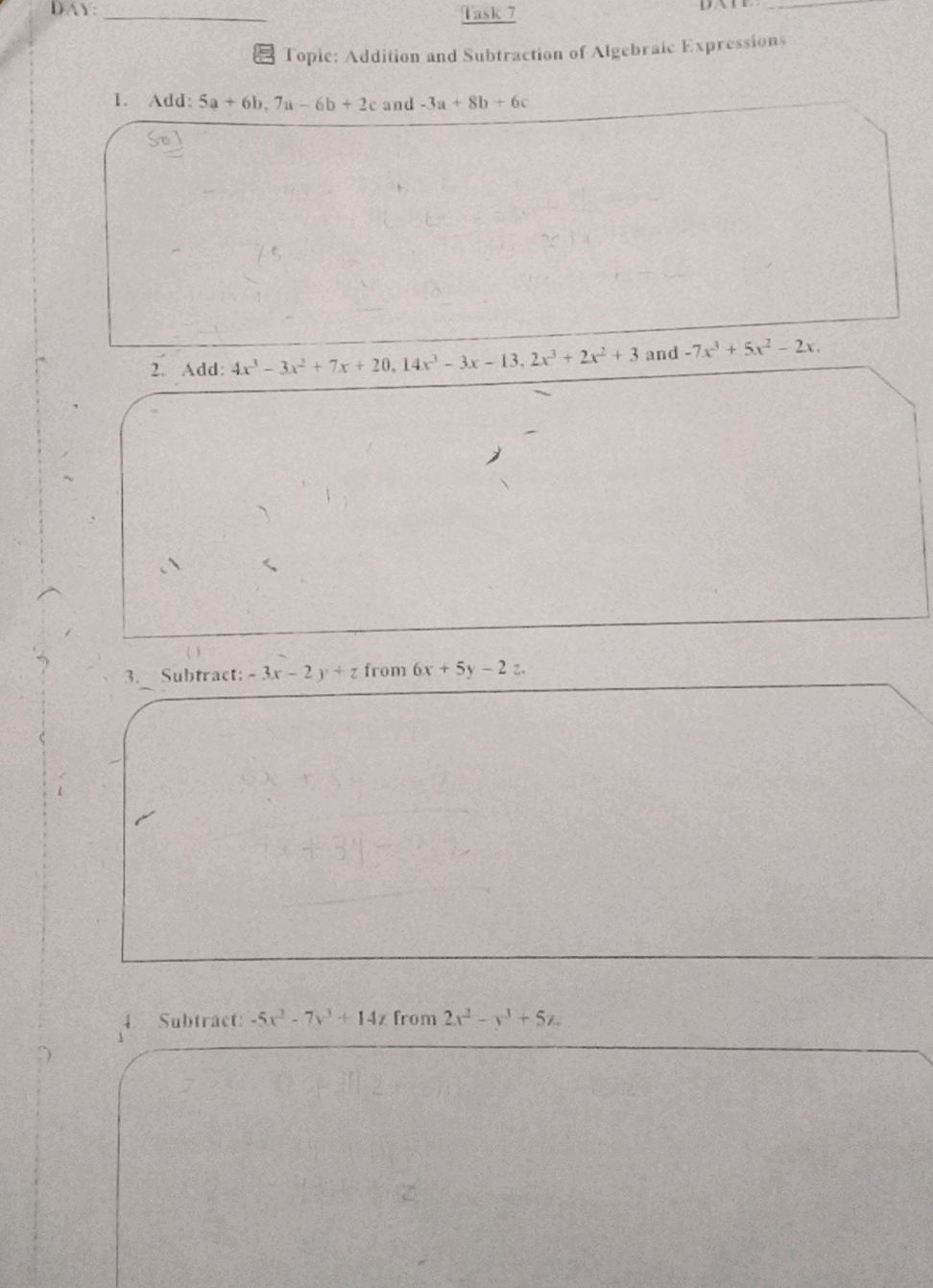 Add: 5a + 6b, 7a - 6b + 2c and -3a + 8b + 6c