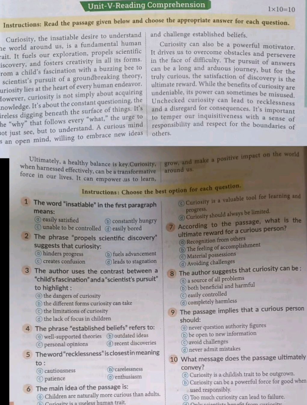 Unit-V-Reading Comprehension Instructions: | StudyX