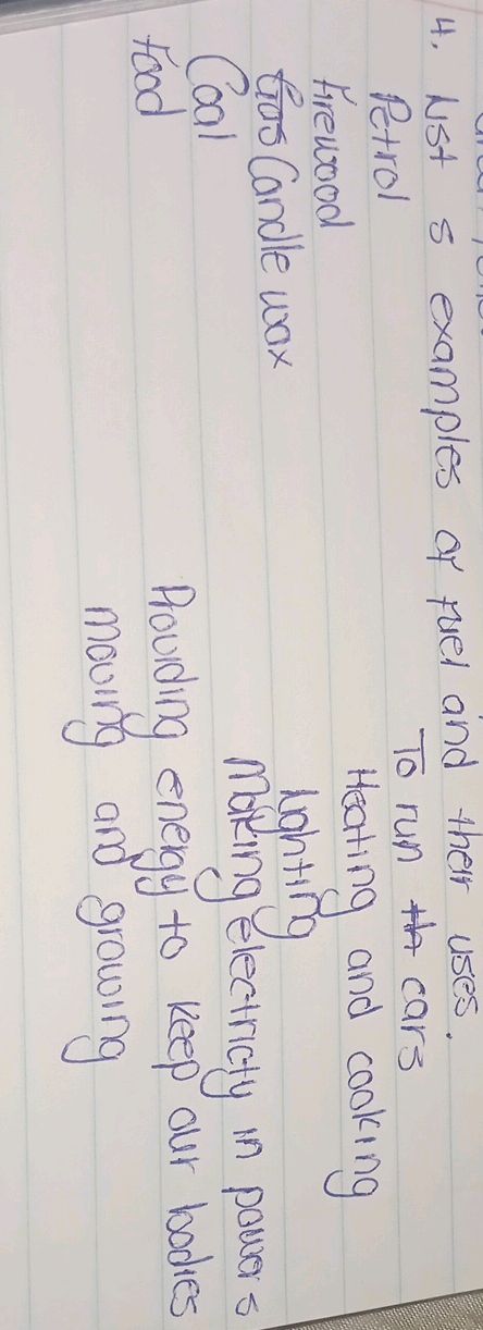 4. List 5 examples of fuel and their uses. | StudyX