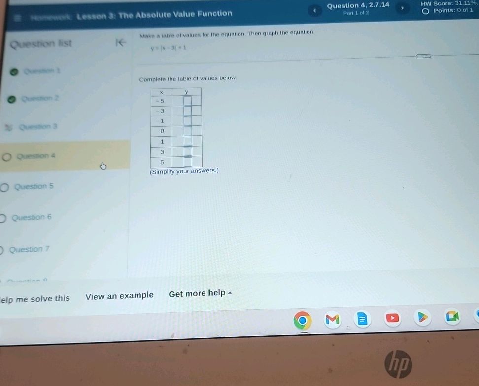 Make a table of values for the equation. | StudyX