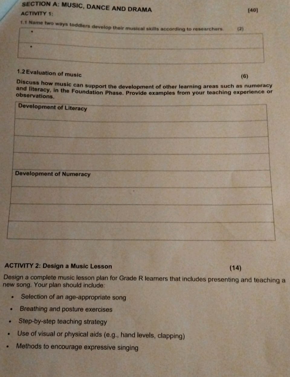 SECTION A: MUSIC, DANCE AND DRAMA ACTIVITY 1