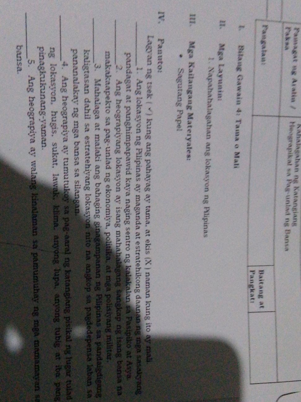 Bilang Gawain 4: Tama o Mali Panuto: Lagyan | StudyX