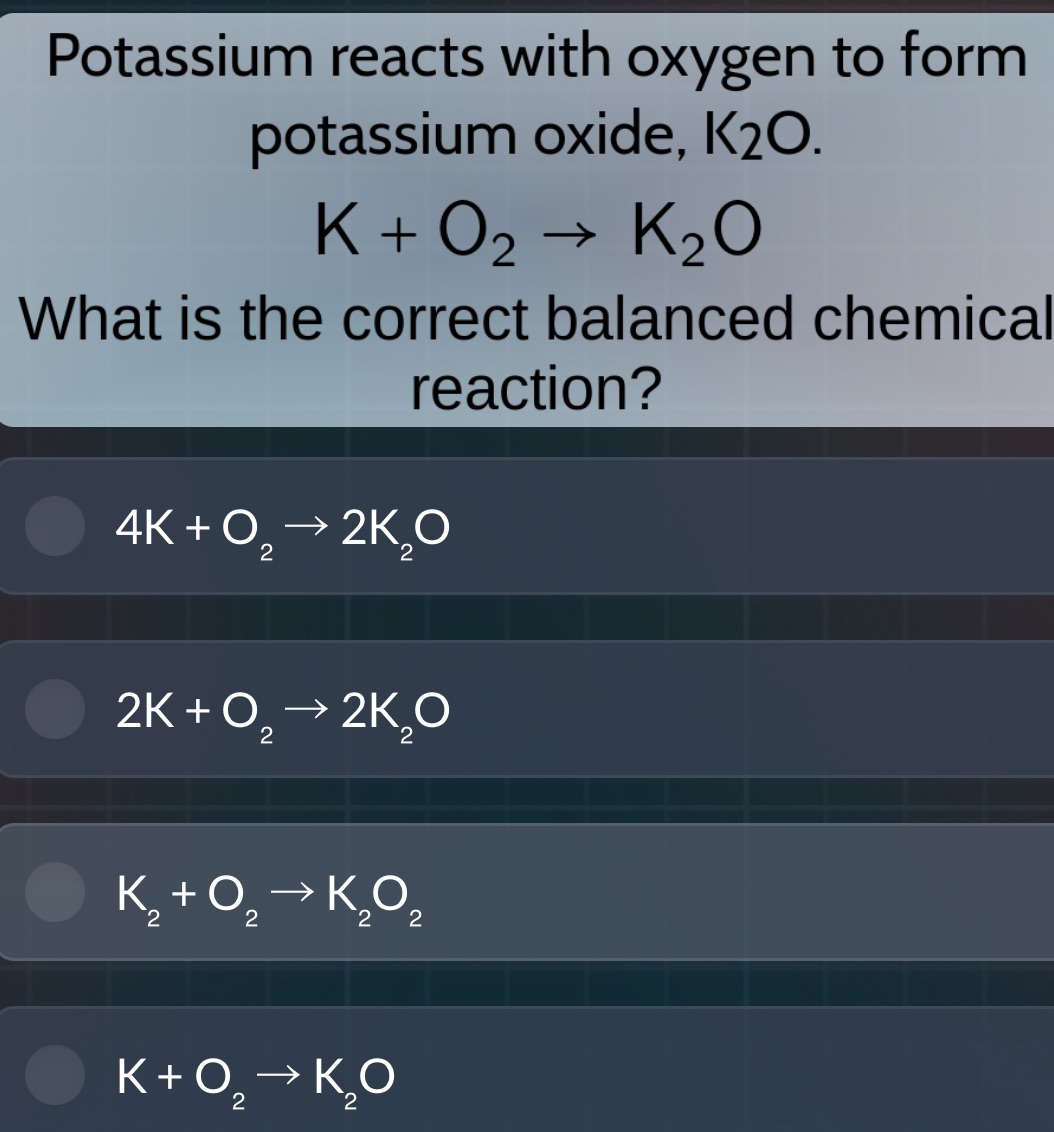 Potassium reacts with oxygen to form