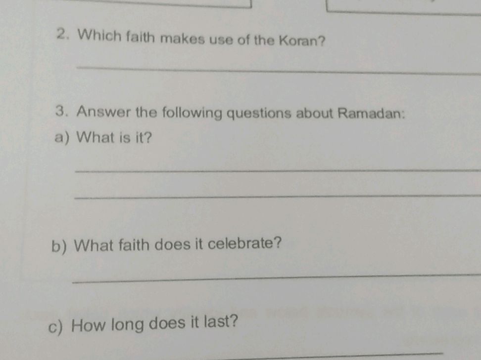 2. Which faith makes use of the Koran? 3. | StudyX
