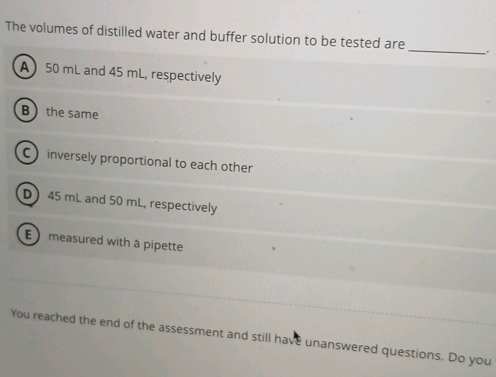 The volumes of distilled water and buffer