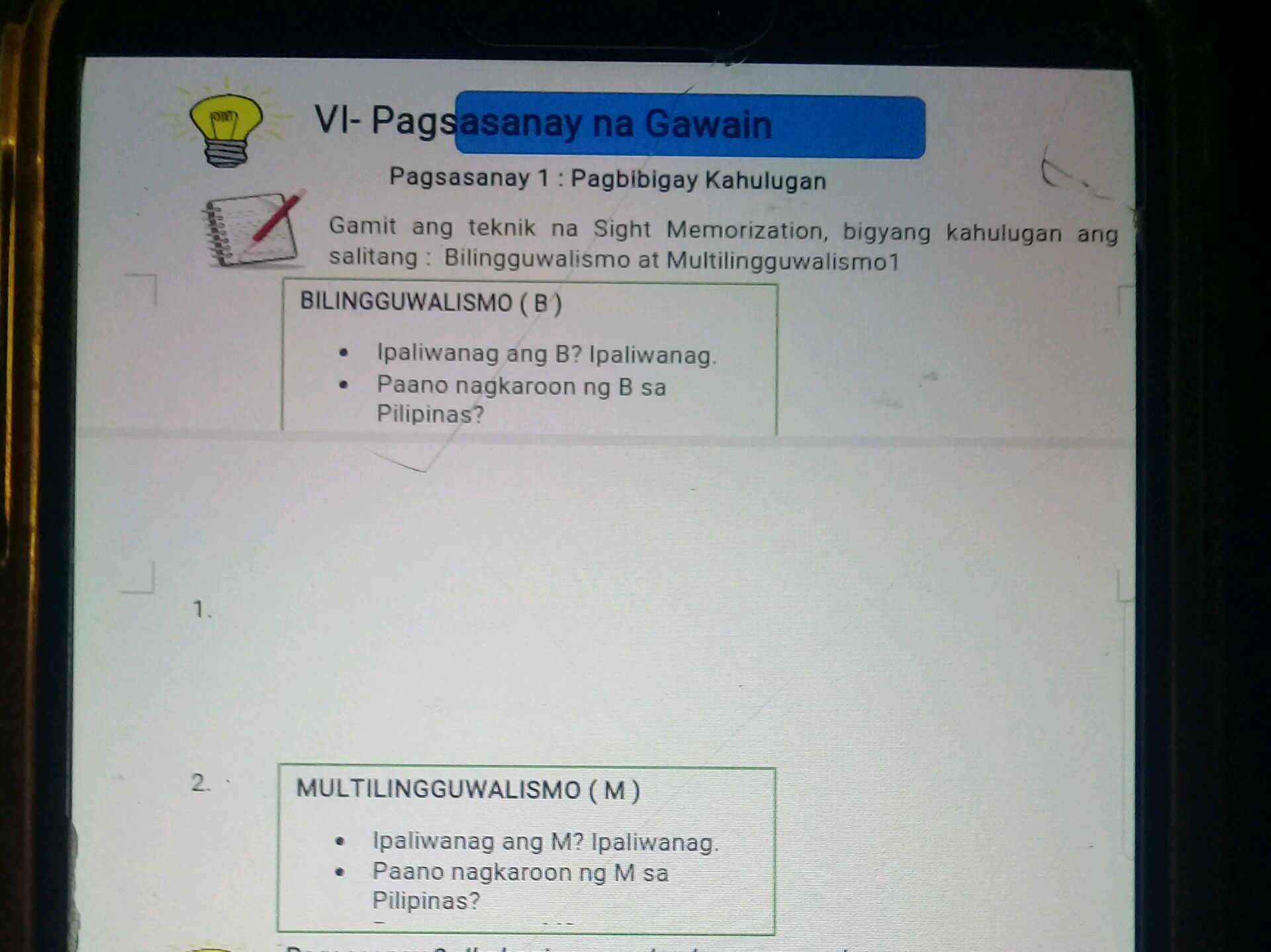 Pagsasanay 1 : Pagbibigay Kahulugan Gamit