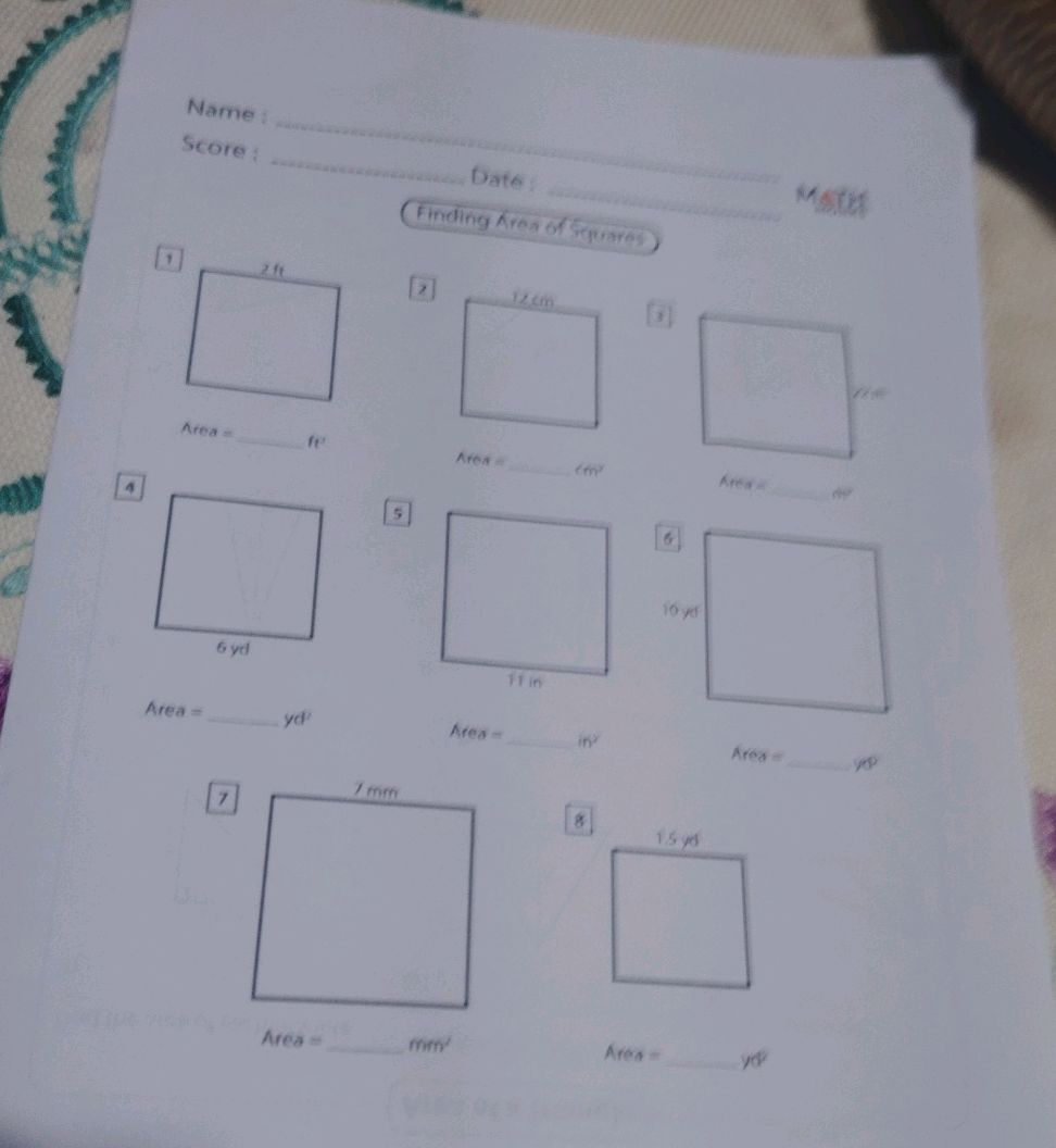 Finding Area of Squares 1. 2 ft Area = | StudyX