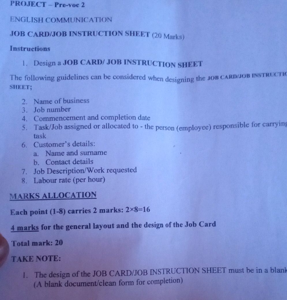 Design a JOB CARD/ JOB INSTRUCTION SHEET | StudyX