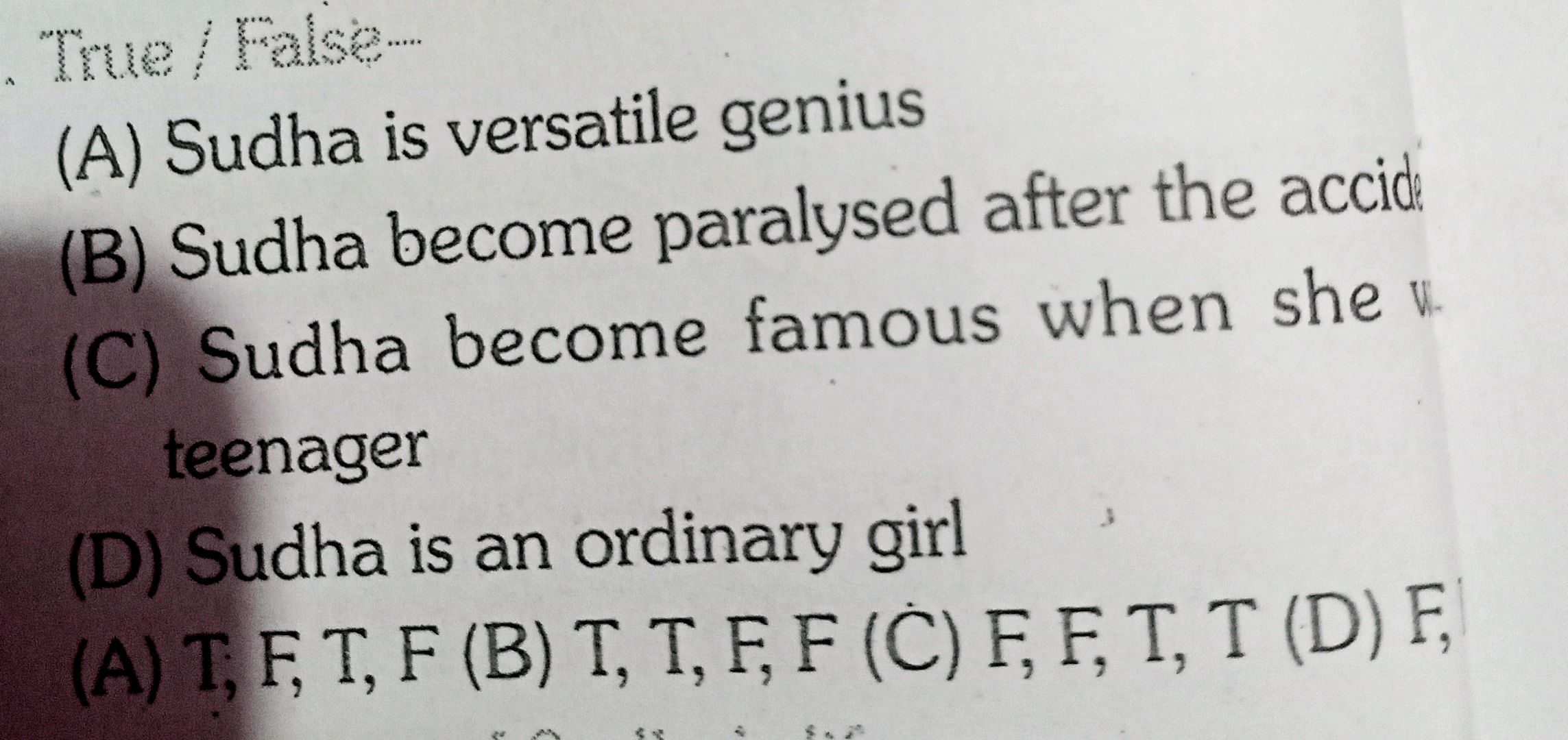 True / False, (A) Sudha is versatile genius | StudyX
