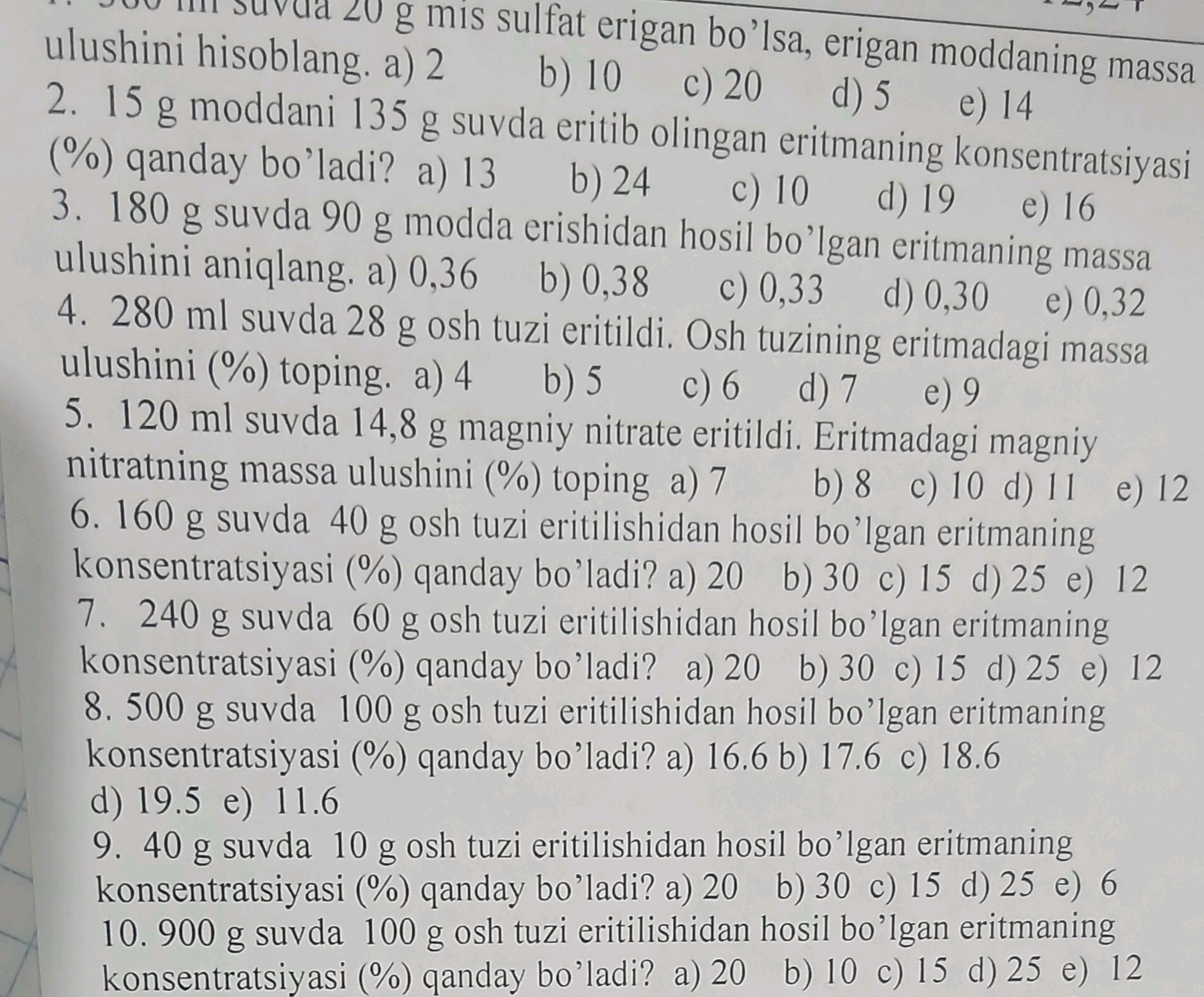 500 ml suvda 20 g mis sulfat erigan bo'lsa,