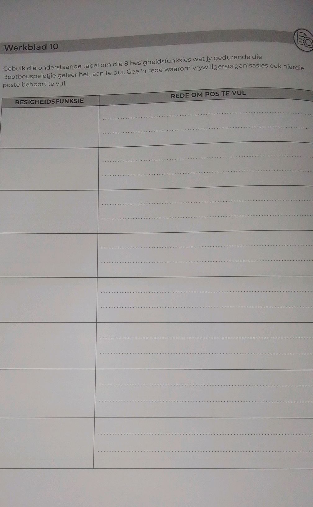 Werkblad 10 Gebuik die onderstaande tabel om