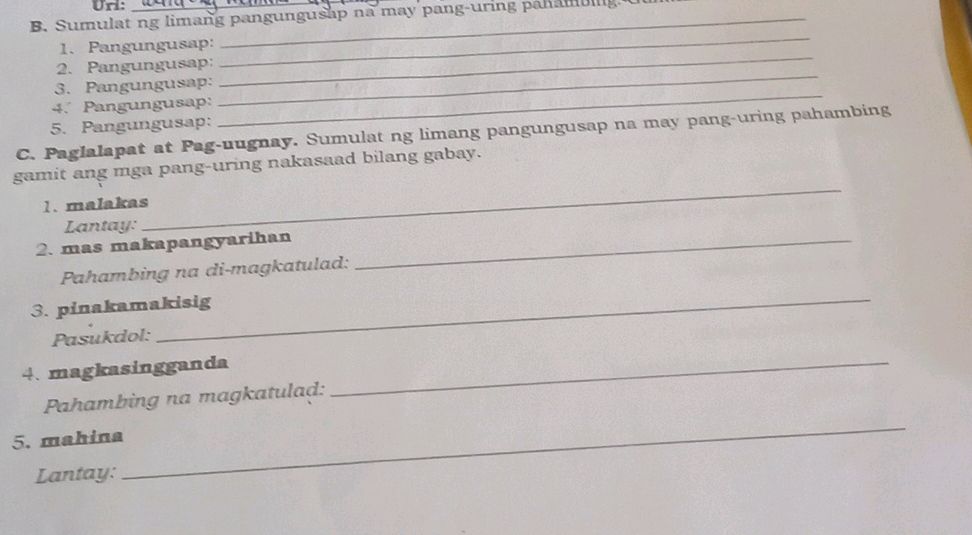 B. Sumulat ng limang pangungusap na may | StudyX