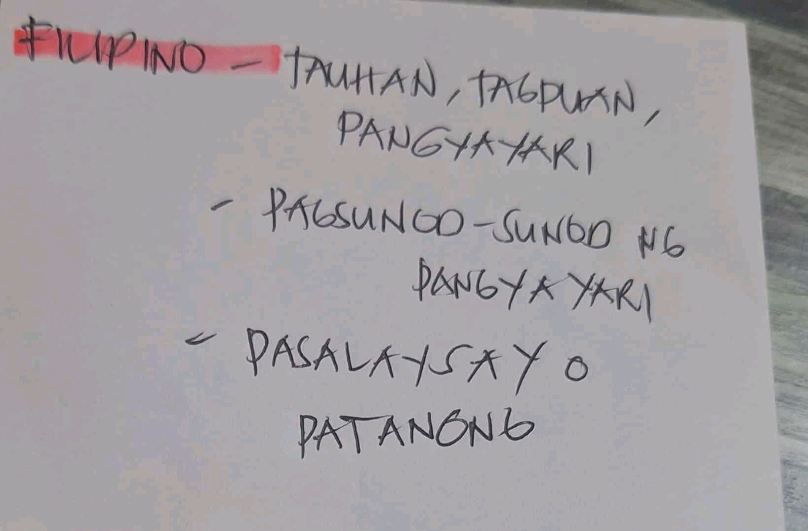 FILIPINO - TAUHAN, TAGPUAN, PANGYAYARI