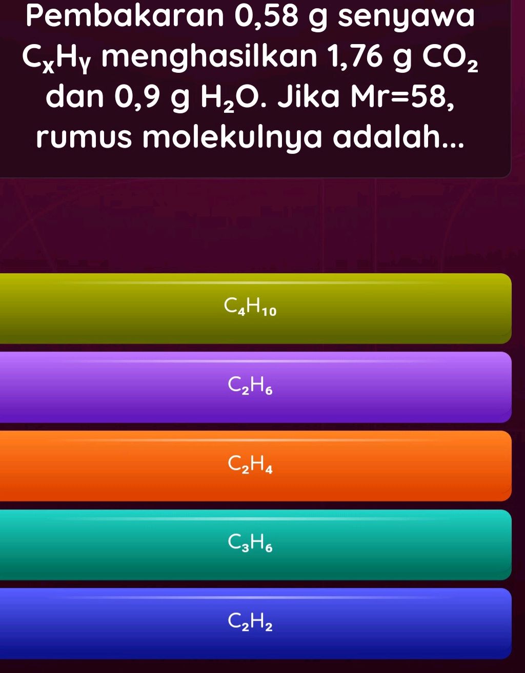 Pembakaran 0,58 g senyawa $C_xH_y$ | StudyX