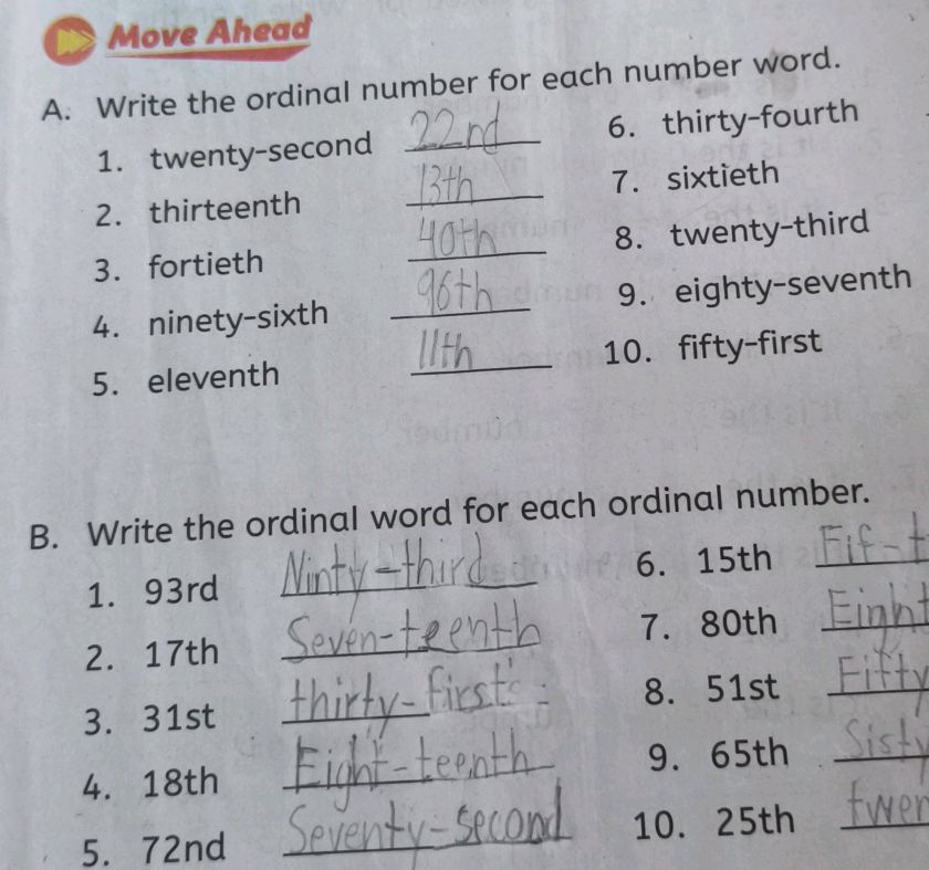 A. Write the ordinal number for each number