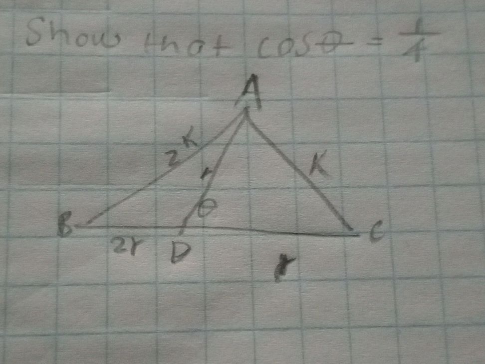 Show that $cos = {1}{4}$. (Diagram of a