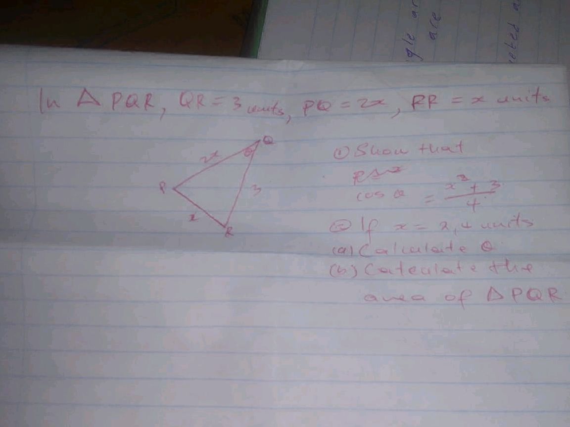 In $ PQR$, $QR = 3$ units, $PQ = 2x$, $RR
