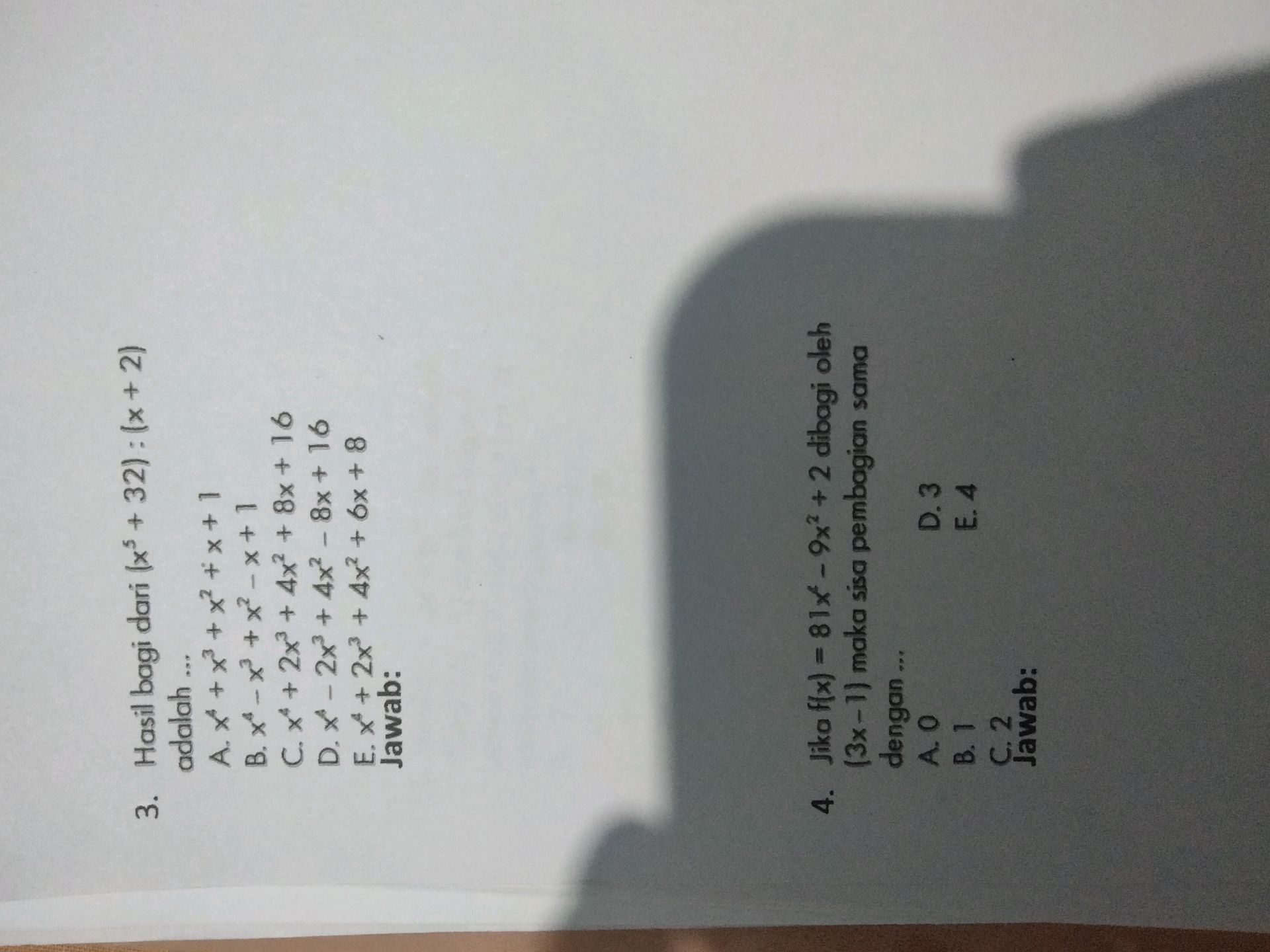 Hasil bagi dari $(x^5 + 32) : (x + 2)$