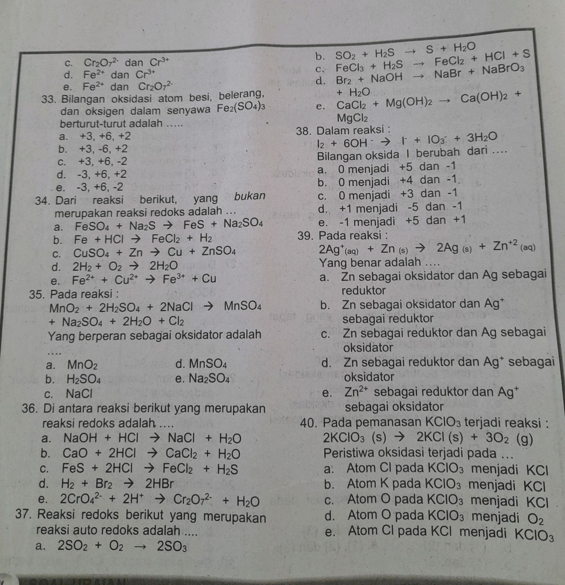 Bilangan oksidasi atom besi, belerang, dan