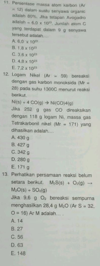 Persentase massa atom karbon (Ar = 12) dalam