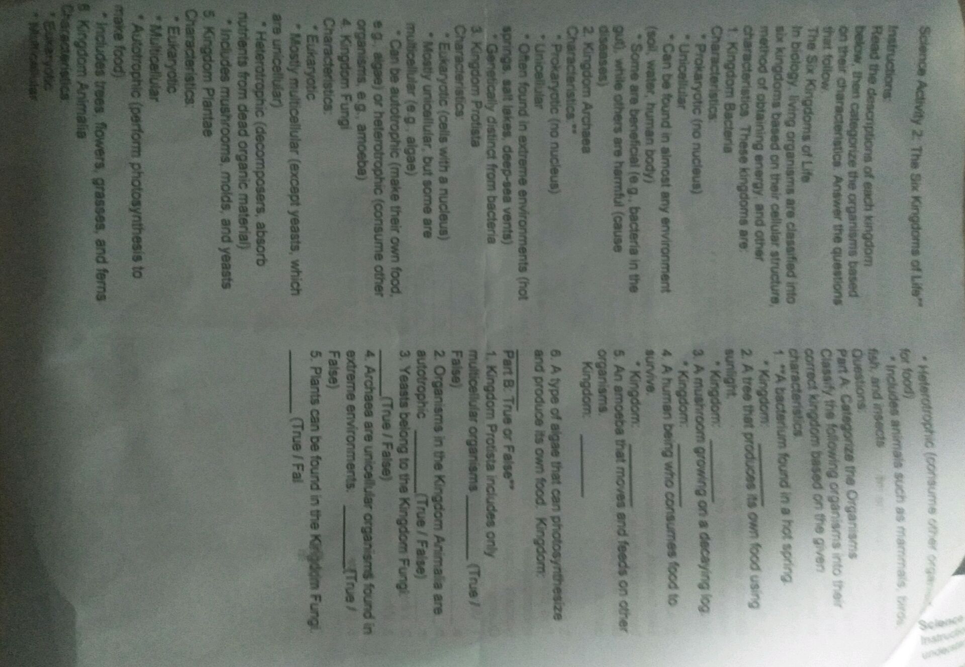 Part A: Categorize the Organisms Classify | StudyX