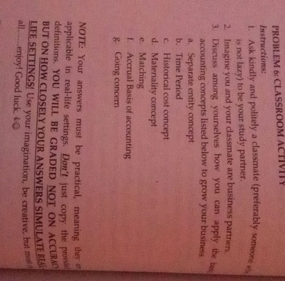 PROBLEM 6: CLASSROOM ACTIVITY Instructions: | StudyX