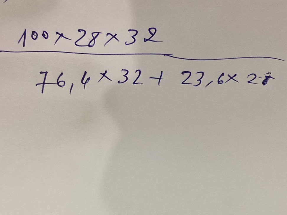 Simplify the expression: (100 28 32) / (76.4