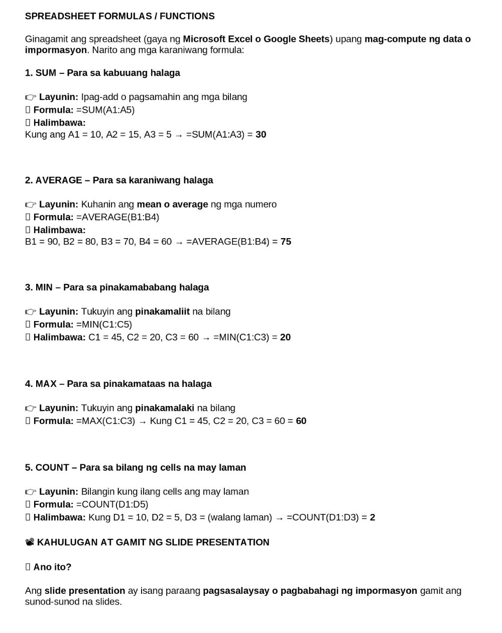 SPREADSHEET FORMULAS / FUNCTIONS Ginagamit | StudyX