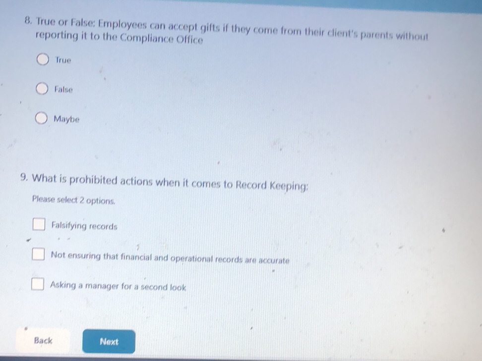 8. True or False: Employees can accept gifts | StudyX