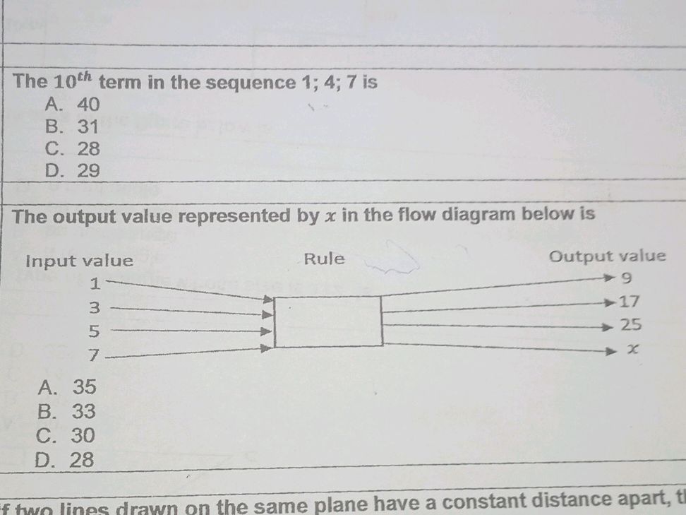 The 10th term in the sequence 1; 4; 7 is A. | StudyX