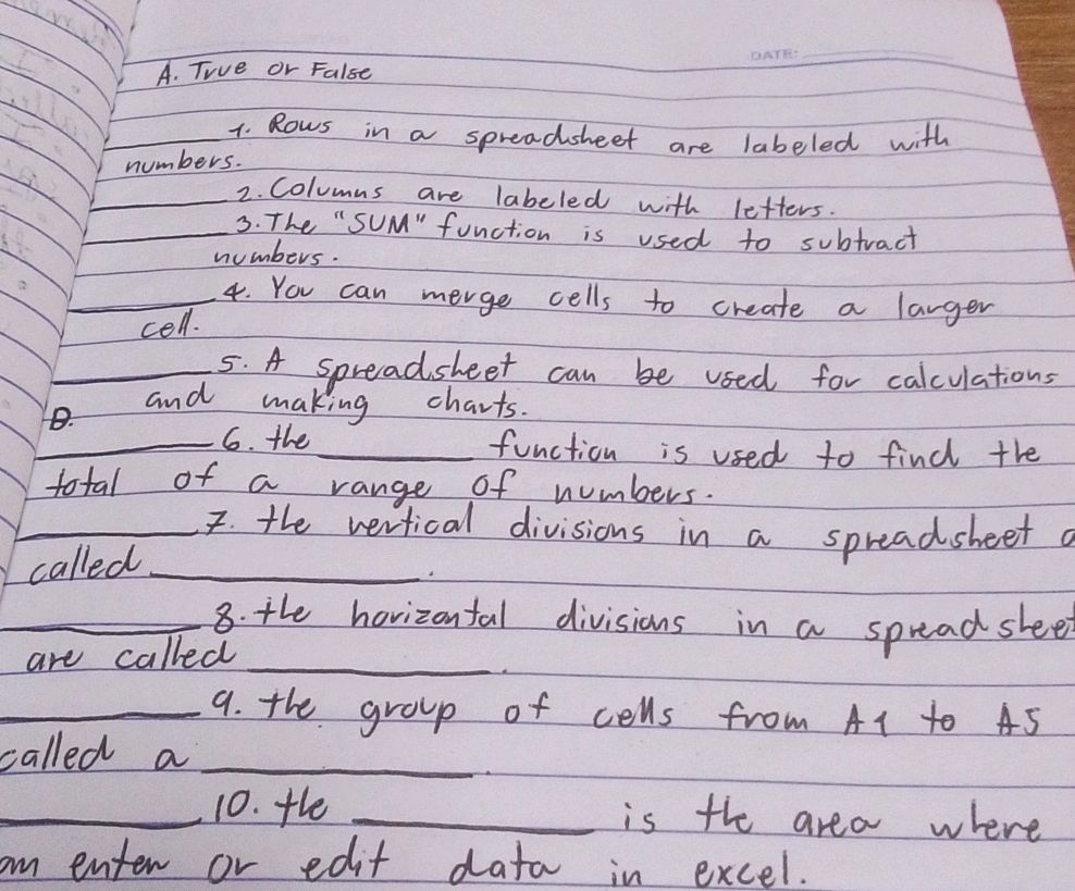A. True or False 1. Rows in a spreadsheet | StudyX