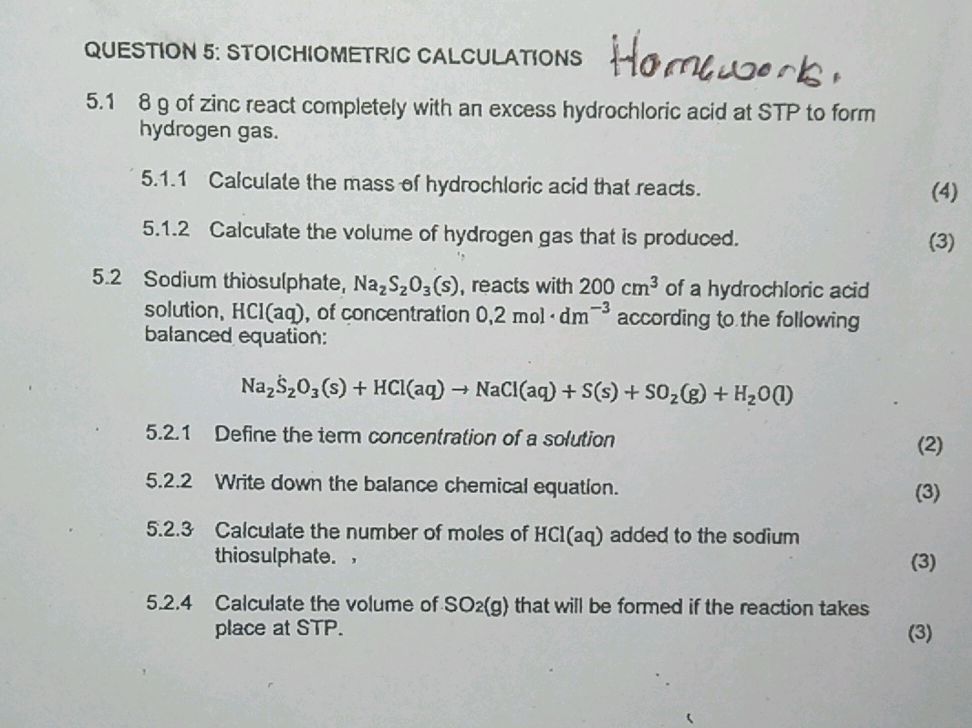 QUESTION 5: STOICHIOMETRIC CALCULATIONS 5.1 | StudyX