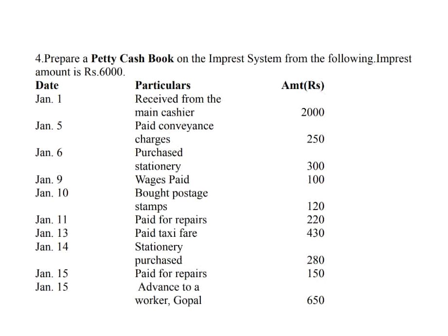 4. Prepare a Petty Cash Book on the Imprest | StudyX