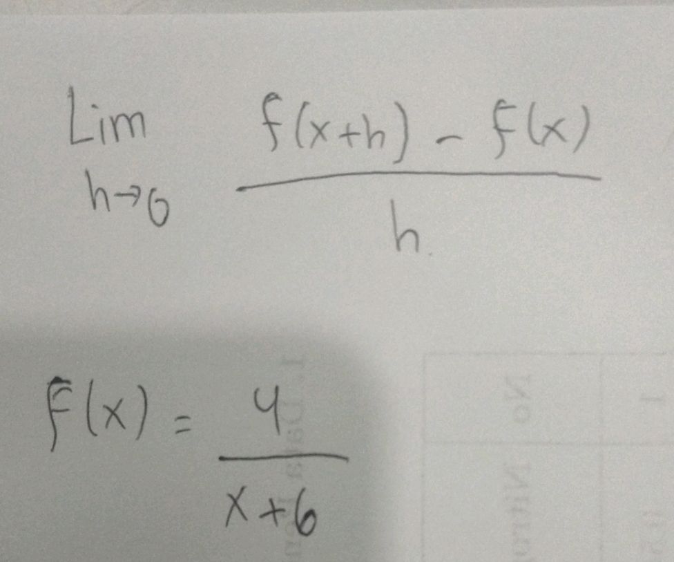 $_{h 0} {f(x+h) - f(x)}{h}$ $f(x) = {4}{x+6}$