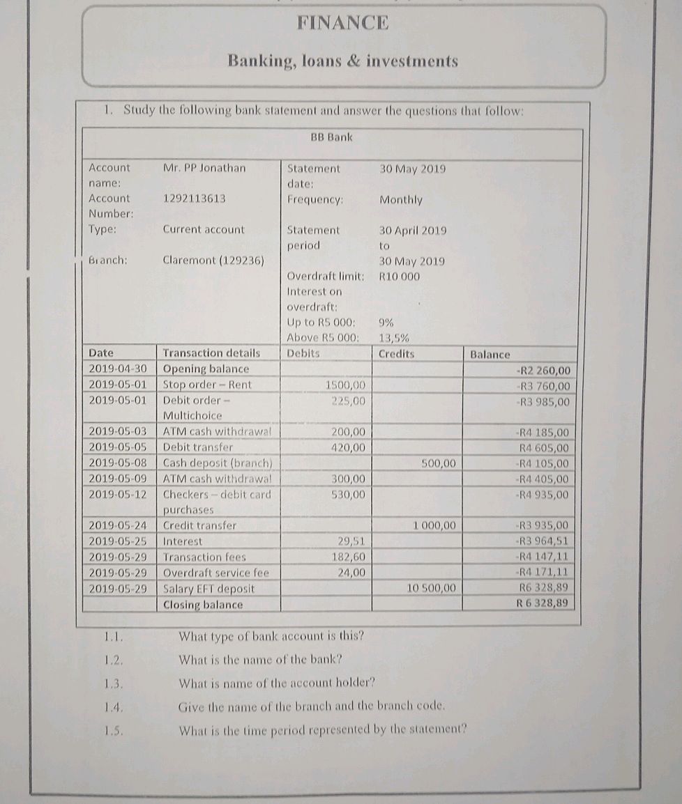 Study the following bank statement and | StudyX