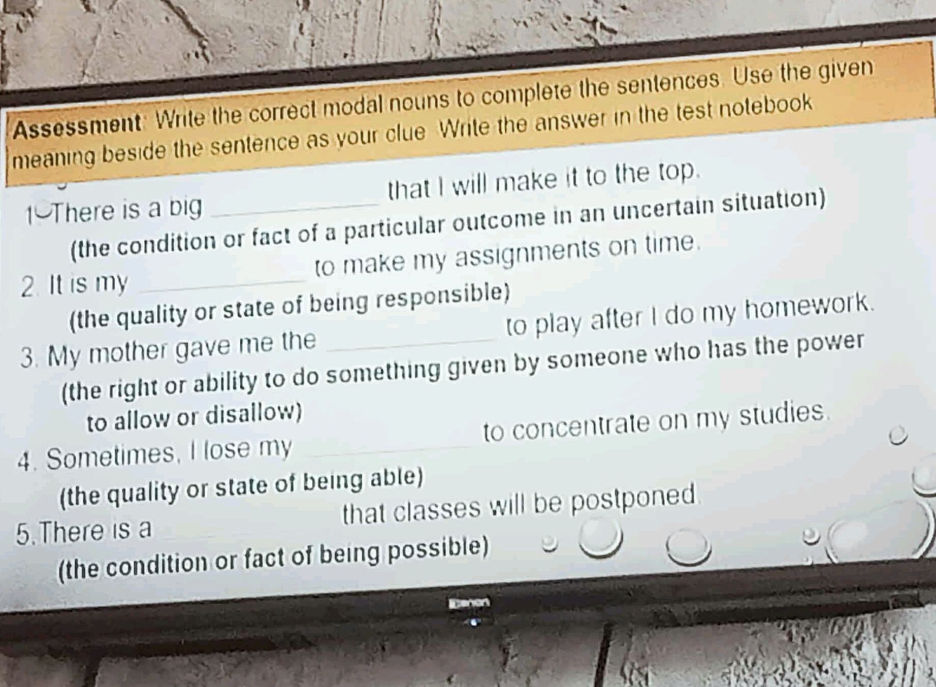 Assessment: Write the correct modal nouns to | StudyX